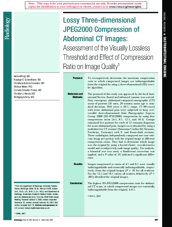 (PDF) Lossy Three-dimensional JPEG2000 Compression of Abdominal CT Images: Assessment of the ...