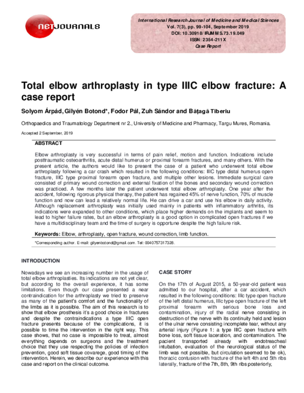 (PDF) Total elbow arthroplasty in type IIIC elbow fracture: A case report