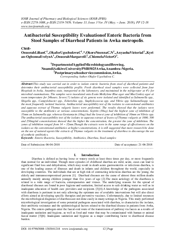 (PDF) Antibacterial Susceptibility Evaluationof Enteric Bacteria from ...