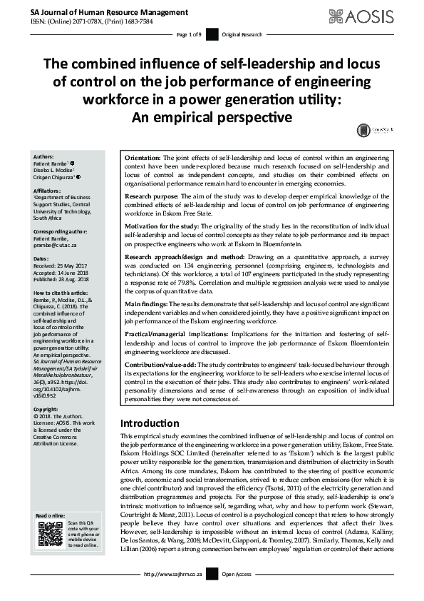 (PDF) The combined influence of self-leadership and locus of control on the job performance of ...