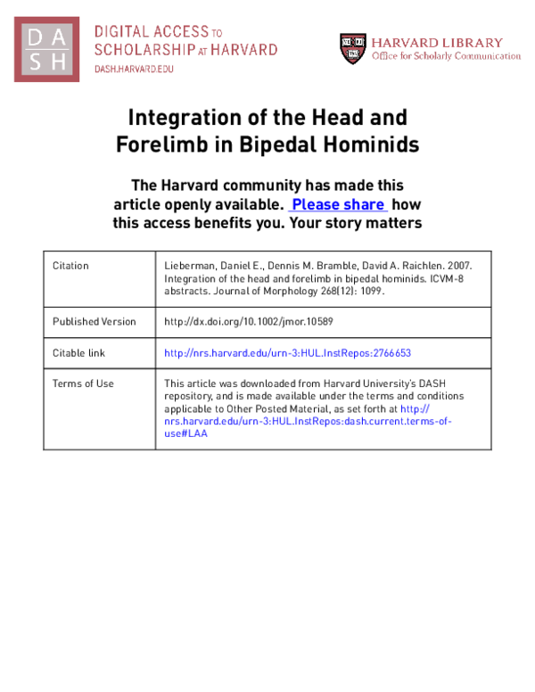 (PDF) Integration of the Head and Forelimb in Bipedal Hominids