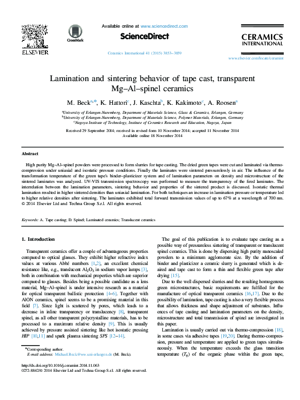(PDF) Lamination and sintering behavior of tape cast, transparent Mg–Al ...