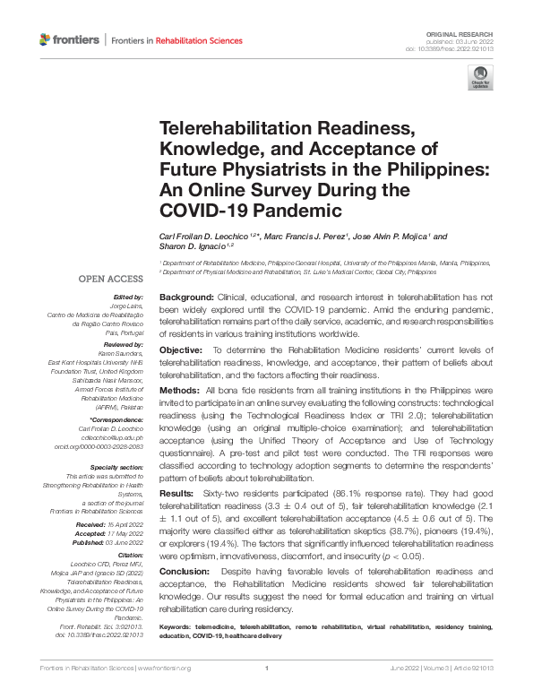 (PDF) Telerehabilitation Readiness, Knowledge, and Acceptance of Future Physiatrists in the ...