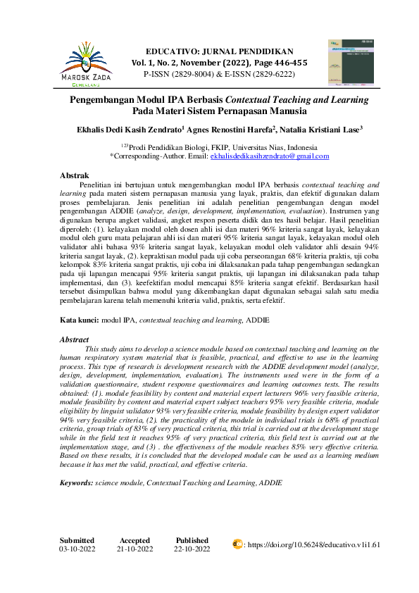 (PDF) Pengembangan Modul IPA Berbasis Contextual Teaching and Learning Pada Materi Sistem ...