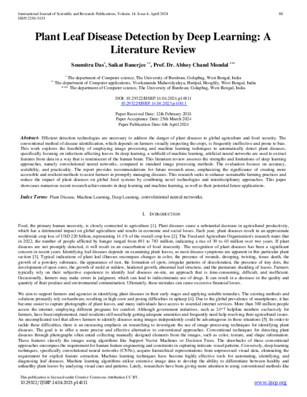 (PDF) Plant Leaf Disease Detection by Deep Learning: A Literature Review