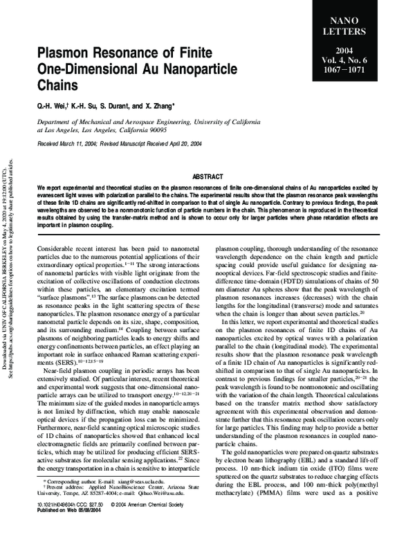 (PDF) Plasmon Resonance of Finite One-Dimensional Au Nanoparticle ...