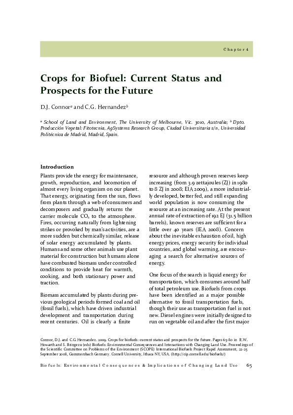 (PDF) Chapter 4: Crops for Biofuel: Current Status and Prospects for the Future