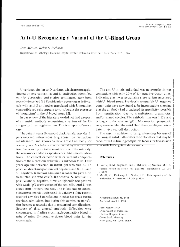 (PDF) Anti-U Recognizing a Variant of the U-Blood Group