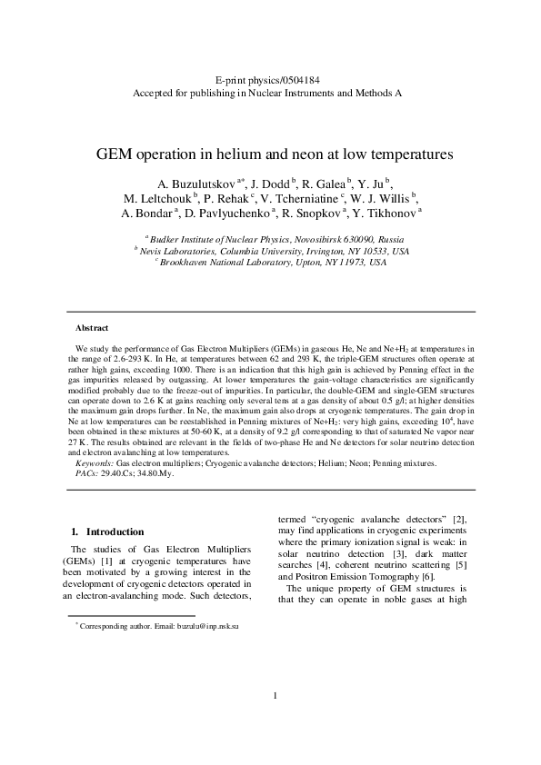 (PDF) GEM operation in helium and neon at low temperatures