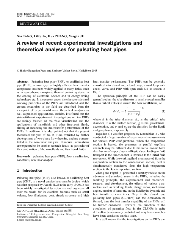 (PDF) A review of recent experimental investigations and theoretical analyses for pulsating heat ...