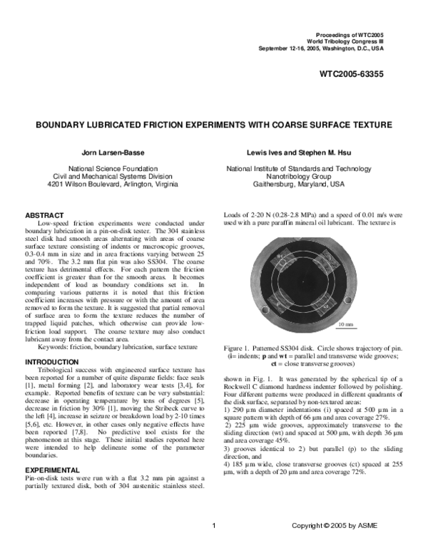 (PDF) Boundary Lubricated Friction Experiments With Coarse Surface Texture