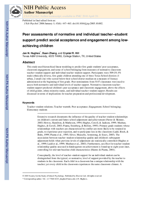 (PDF) Peer assessments of normative and individual teacher–student support predict social ...