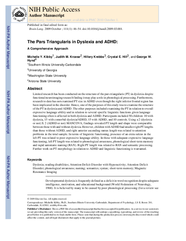 (PDF) The pars triangularis in dyslexia and ADHD: A comprehensive approach