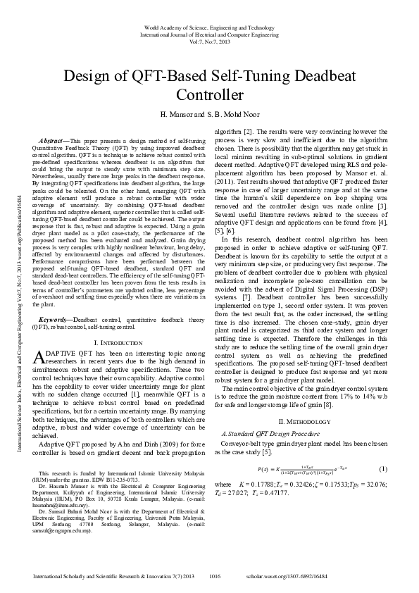 (PDF) Design of QFT-Based Self-Tuning Deadbeat Controller