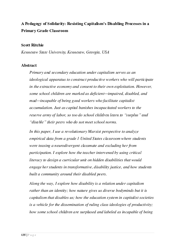 (PDF) A Pedagogy of Solidarity: Resisting Capitalism's Disabling Processes in a Primary Grade ...
