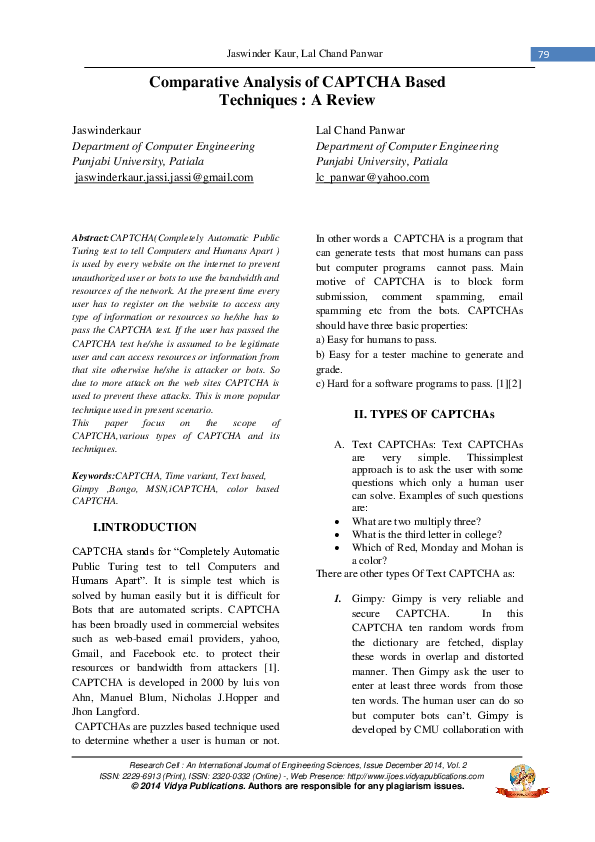 (PDF) Comparative Analysis of CAPTCHA Based Techniques : A Review