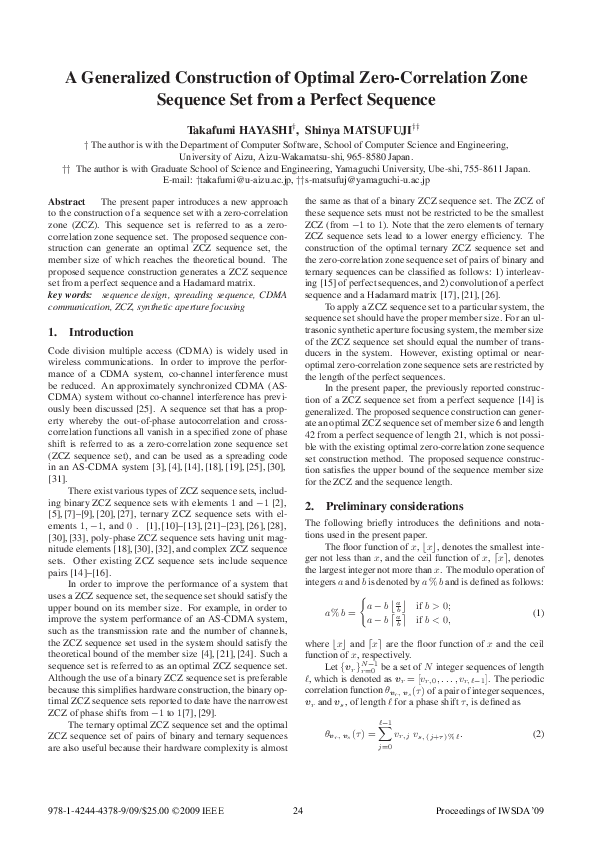 (PDF) A Generalized Construction of Optimal Zero-Correlation Zone Sequence Set from a Perfect ...