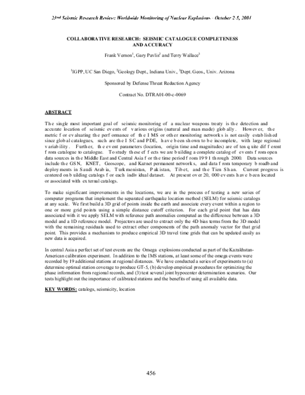 (PDF) Collaborative Research: Seismic Catalogue Completeness and Accuracy