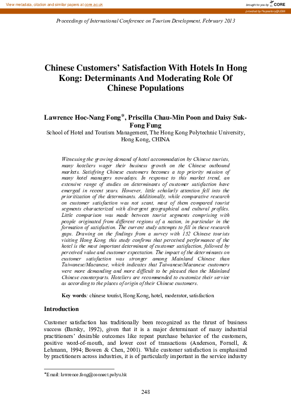 (PDF) Chinese customers' satisfaction with hotels in Hong Kong ...