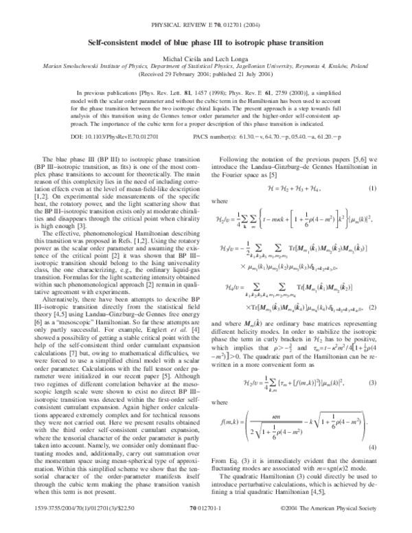 (PDF) Self-consistent model of blue phase III to isotropic phase transition