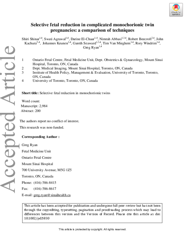 (PDF) Selective fetal reduction in complicated monochorionic twin ...