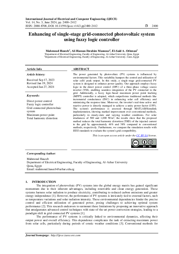 (PDF) Enhancing of single-stage grid-connected photovoltaic system using fuzzy logic controller