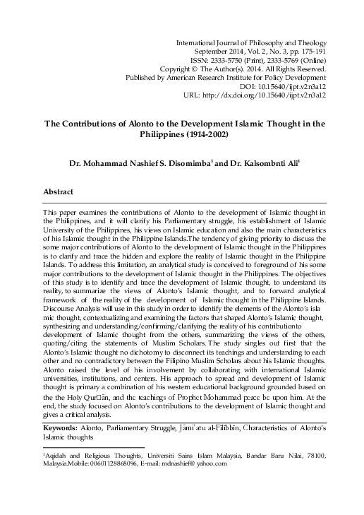 (PDF) The Contributions of Alonto to the Development Islamic Thought in ...
