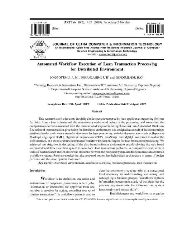 (PDF) Automated Workflow Execution of Loan Transaction Processing for Distributed Environment
