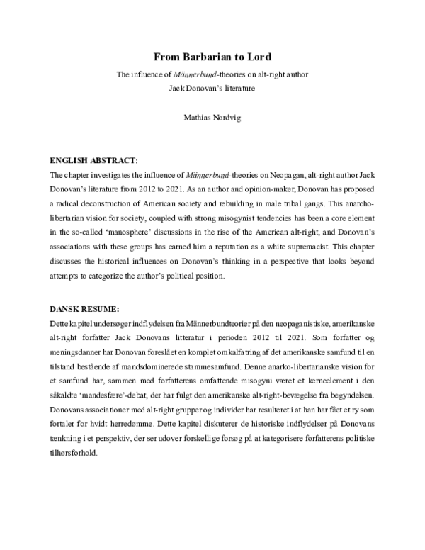 (PDF) From Barbarian to Lord: The Influence of Männerbund-theories on ...