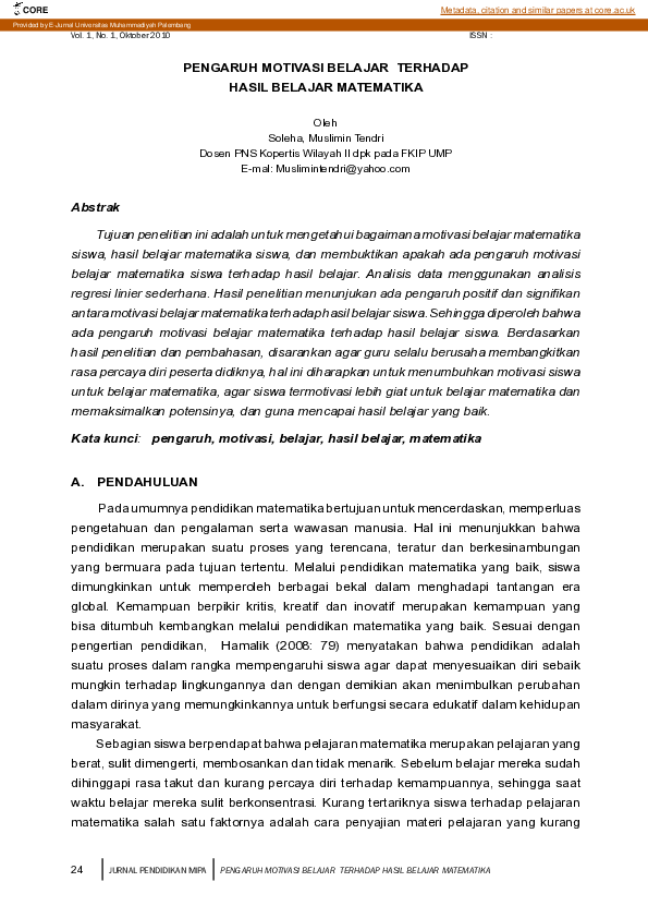 (PDF) Pengaruh Motivasi Belajar Terhadap Hasil Belajar Matematika | Muslimin Tendri - Academia.edu