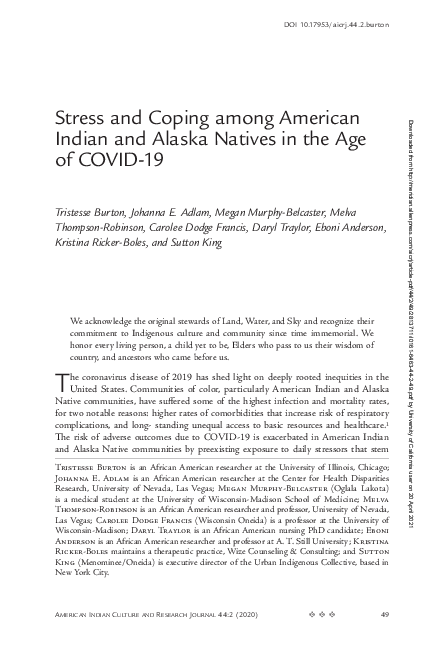 (PDF) Stress and Coping among American Indian and Alaska Natives in the Age of COVID-19