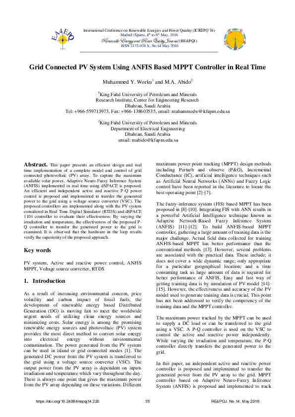 (PDF) Grid Connected PV System Using ANFIS Based MPPT Controller in Real Time