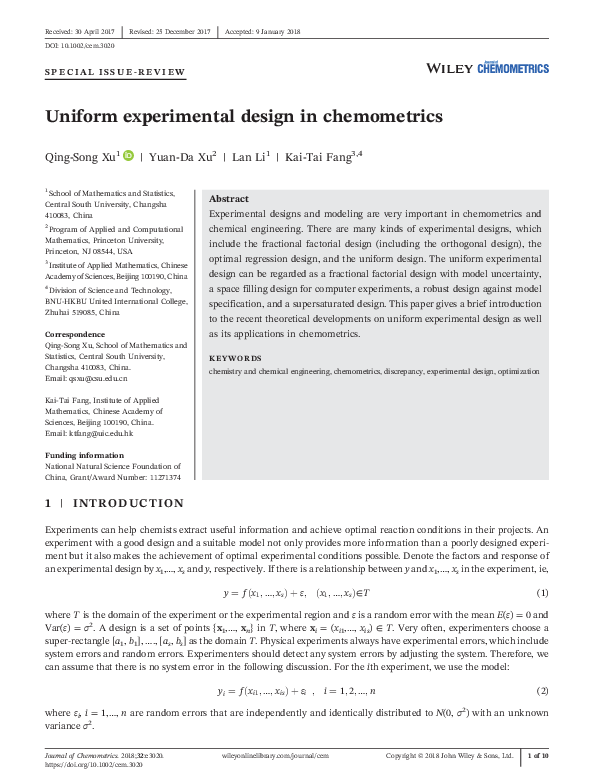 (PDF) Uniform experimental design in chemometrics