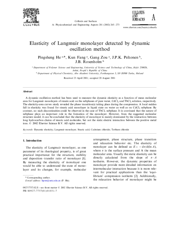(PDF) Elasticity of Langmuir monolayer detected by dynamic oscillation method