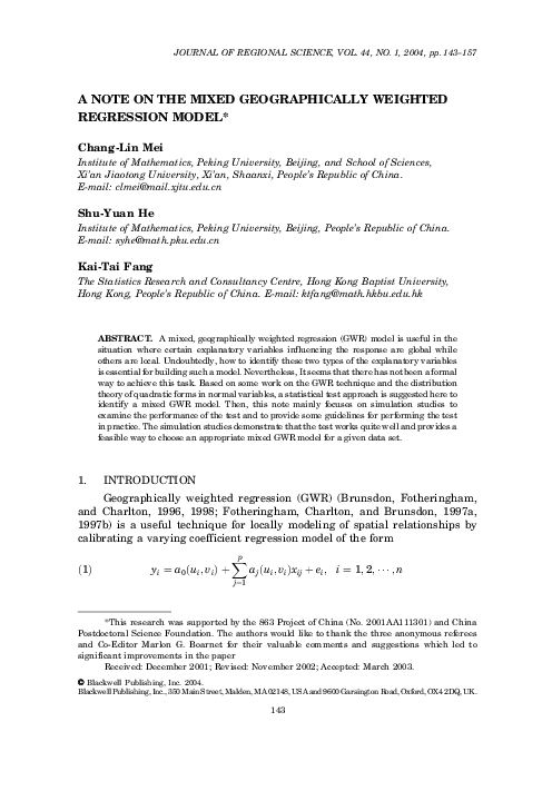 (PDF) A Note on the Mixed Geographically Weighted Regression Model*