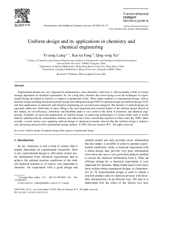 (PDF) Uniform design and its applications in chemistry and chemical ...