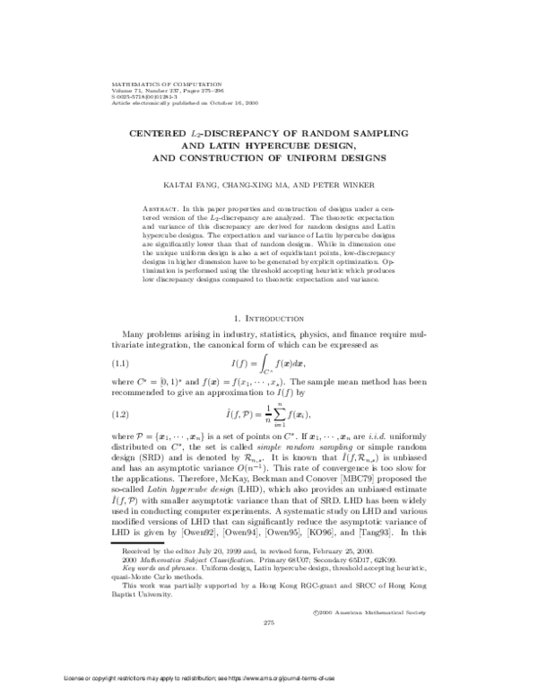 (PDF) Centered $L_2$-discrepancy of random sampling and Latin hypercube design, and construction ...