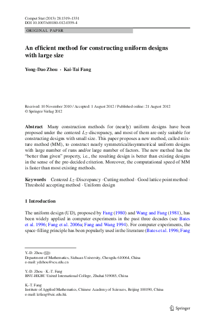 (PDF) An efficient method for constructing uniform designs with large size