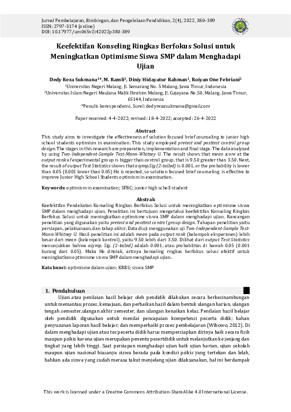 (PDF) Keefektifan Konseling Ringkas Berfokus Solusi untuk Meningkatkan Optimisme Siswa SMP dalam ...