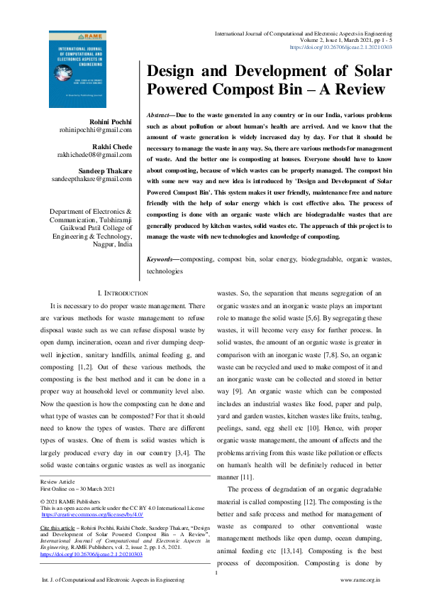 (PDF) Design and Development of Solar Powered Compost Bin – A Review