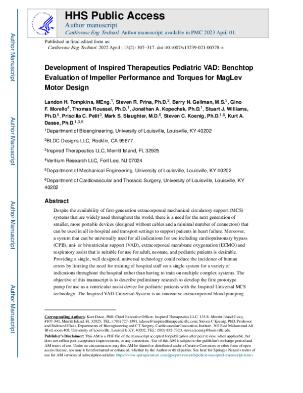 (PDF) Development of Inspired Therapeutics Pediatric VAD: Benchtop ...