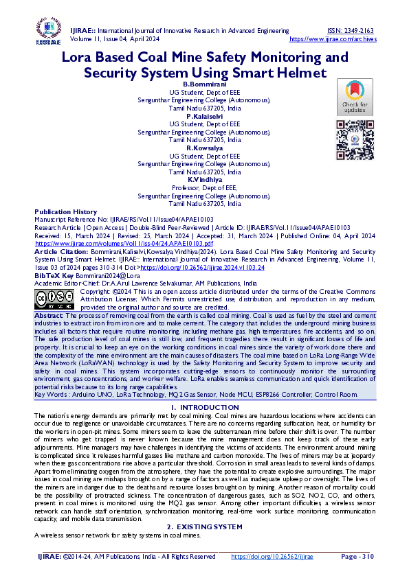 (PDF) Lora Based Coal Mine Safety Monitoring and Security System Using Smart Helmet