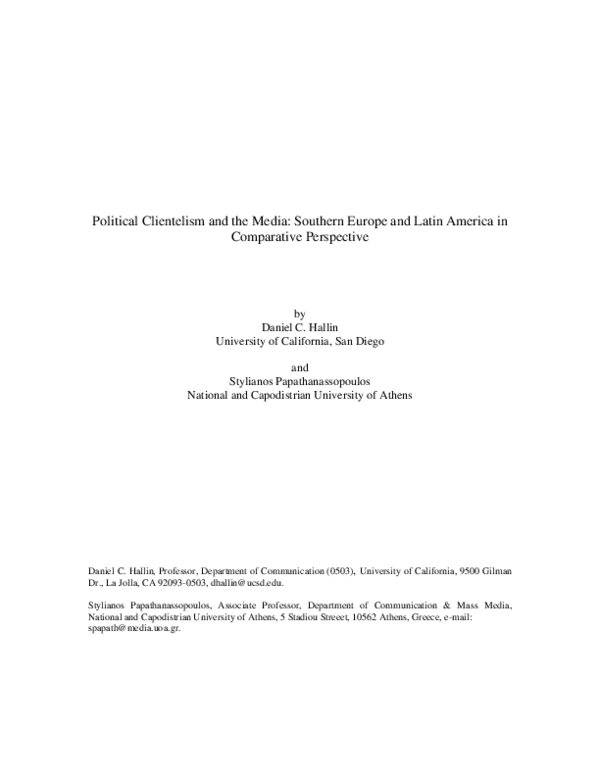 (PDF) Political clientelism and the media: southern Europe and Latin ...