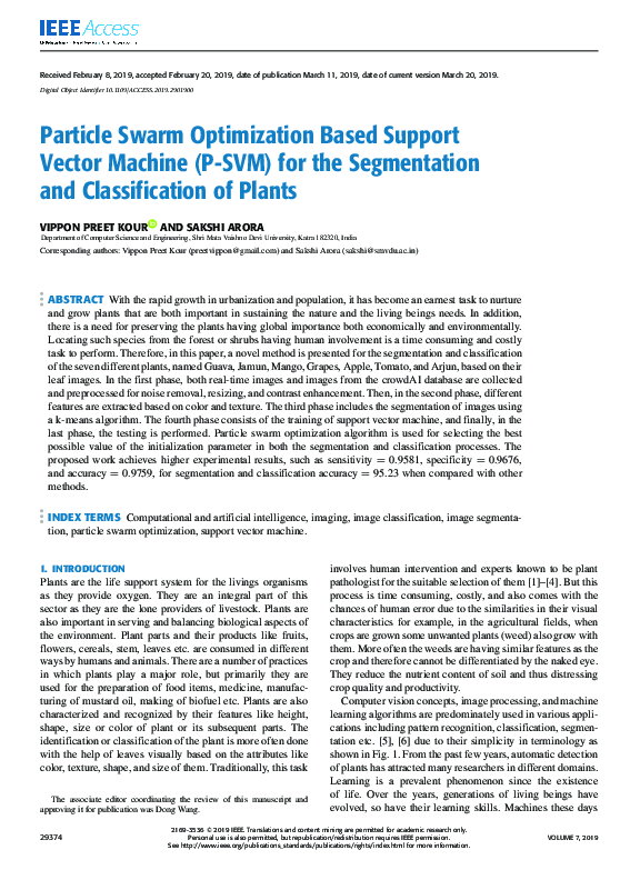 Pdf Particle Swarm Optimization Based Support Vector Machine P Svm For The Segmentation And