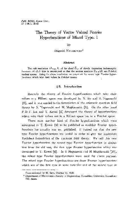 (PDF) The theory of vector valued Fourier hyperfunctions of mixed type. I