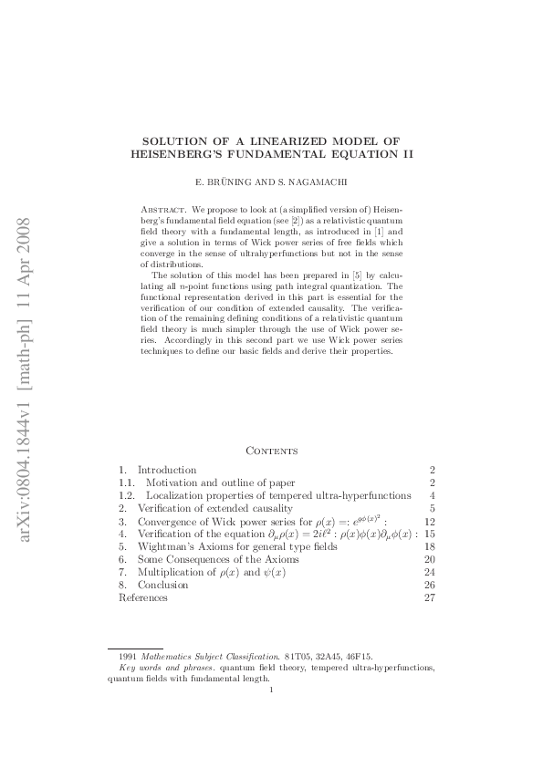 (PDF) Solution of a linearized model of Heisenberg’s fundamental ...