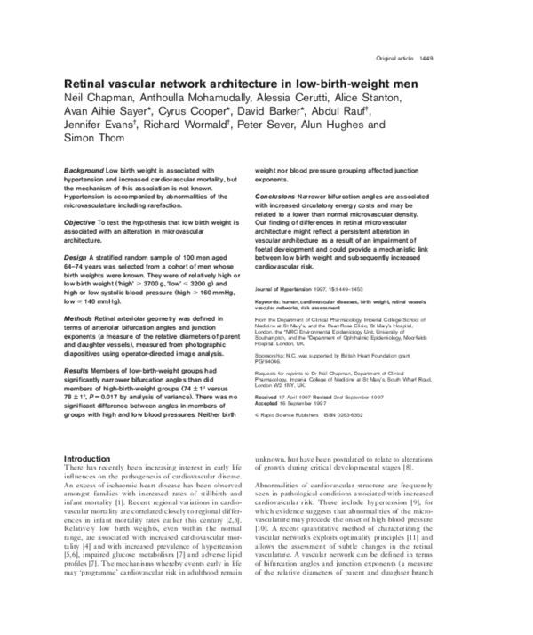 Pdf Retinal Vascular Network Architecture In Low Birth Weight Men