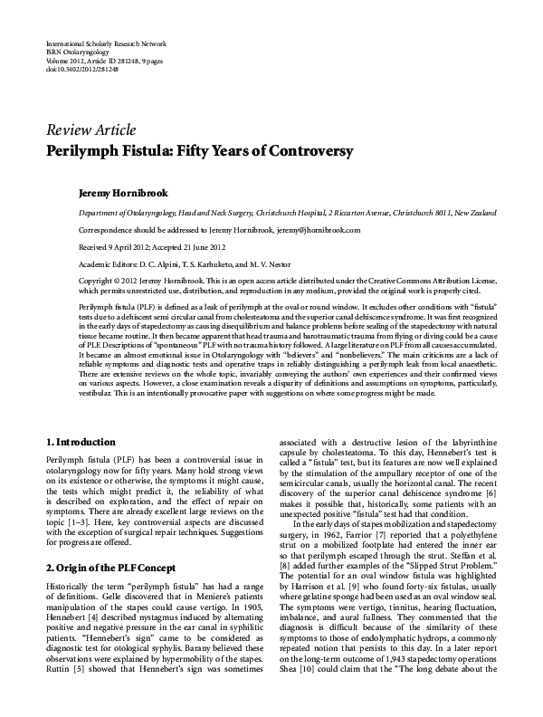 (PDF) Perilymph Fistula: Fifty Years of Controversy