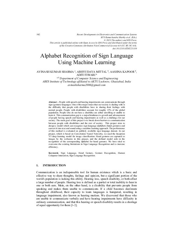 (PDF) Alphabet Recognition of Sign Language Using Machine Learning