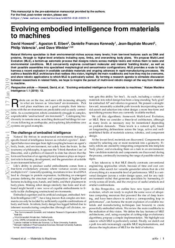 (PDF) Evolving embodied intelligence from materials to machines